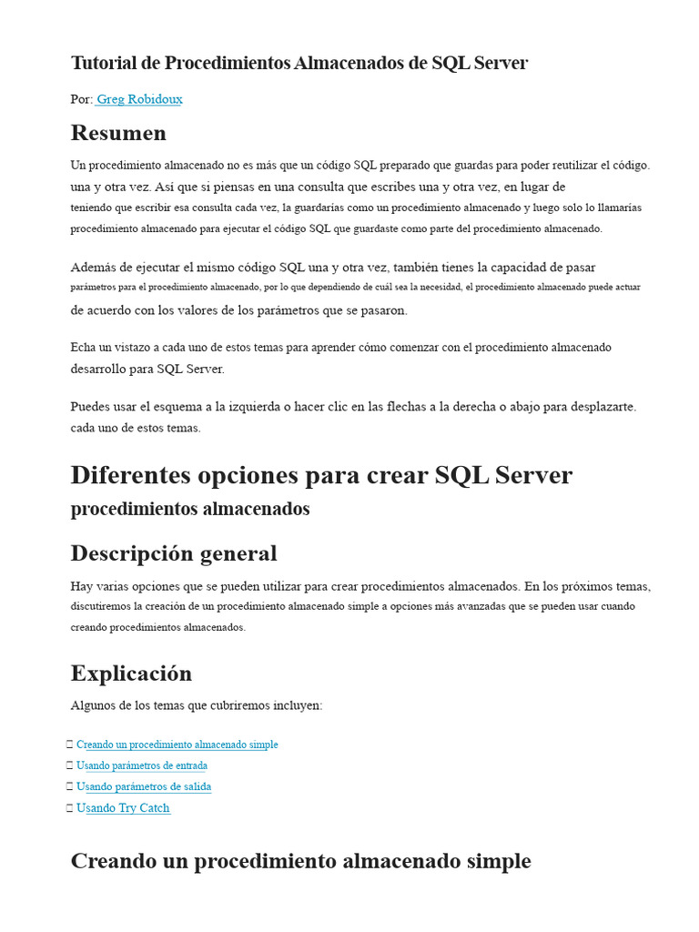 Tutorial de Procedimientos Almacenados de SQL Server | PDF | Servidor SQL de Microsoft | SQL