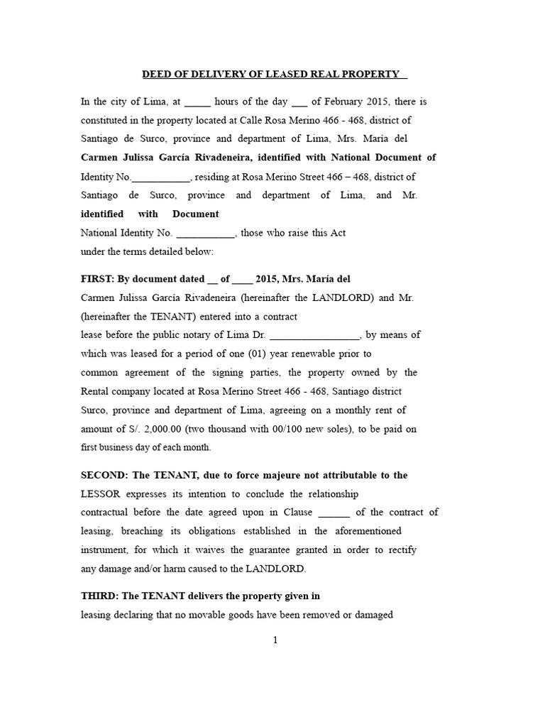Deed of Delivery for Leased Property | PDF | Lease | Leasehold Estate