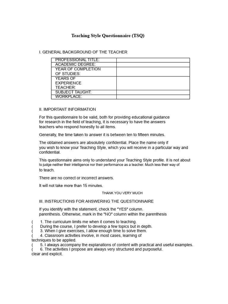 Teaching Style Questionnaire Overview | PDF | Teachers | Methodology
