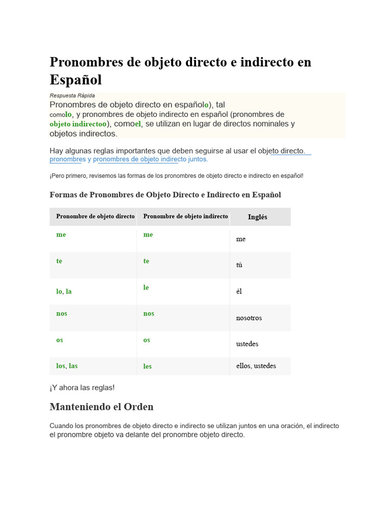 Pronombres de Objeto Directo e Indirecto en Español | PDF | Pronombre ...