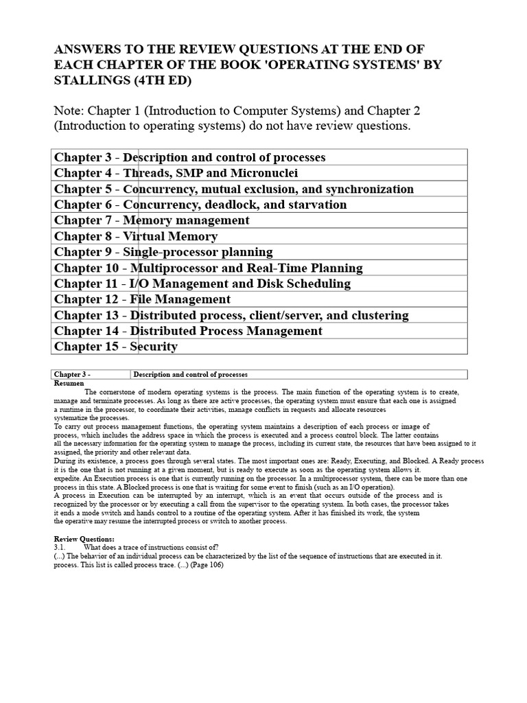 Answers To The Questions From Stallings' Book | PDF | Process (Computing) | Operating System