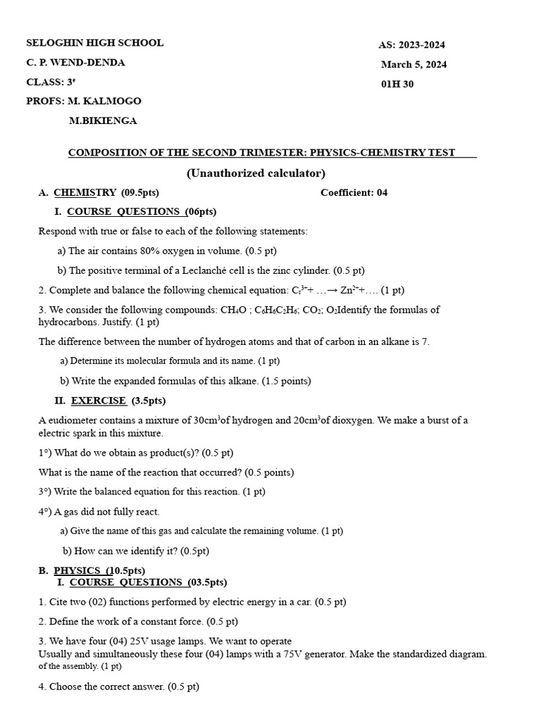 Physics-Chemistry Test for 3e Class | PDF | Chemical Substances | Chemistry