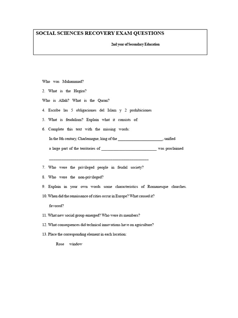 Social Sciences Recovery Exam Questions | PDF
