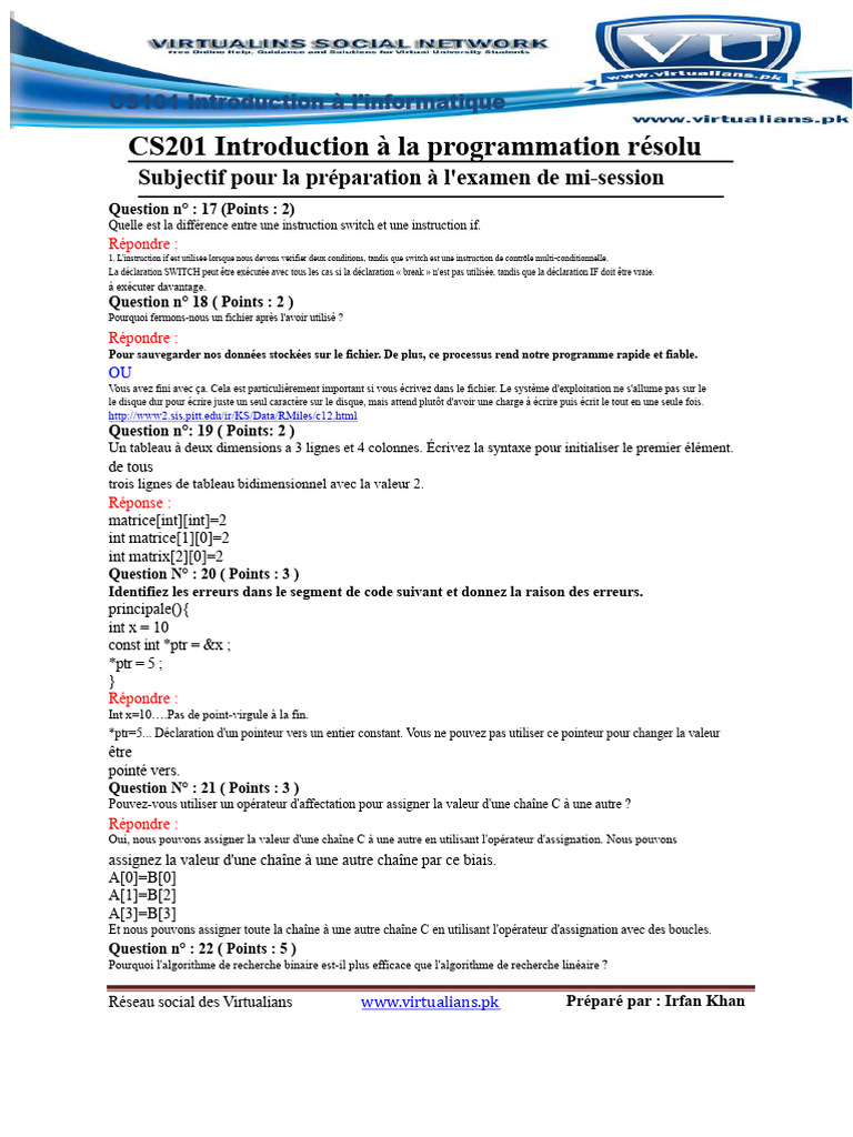 CS201 Introduction À La Programmation Sujet Résolu Pour La Préparation À L'examen de Mi-Session ...