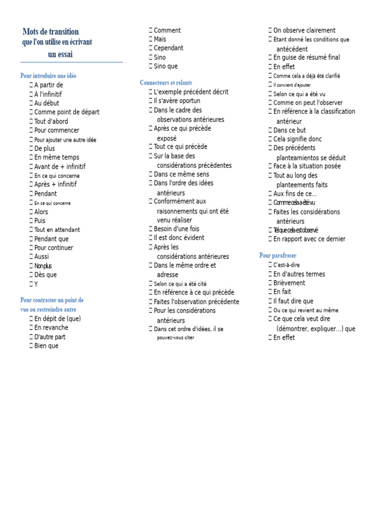 Mots de transition pour rédiger un essai | PDF