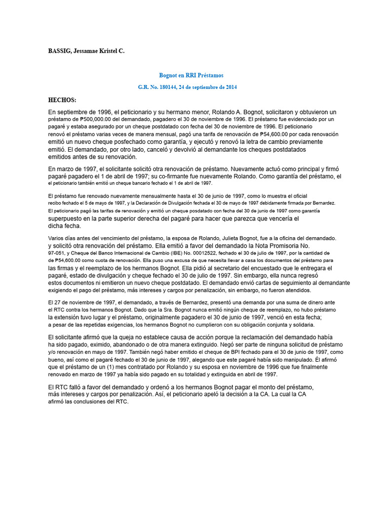 BASSIG - Bognot V RRI Lending G.R. No. 180144 | PDF | Pagos | Cheque