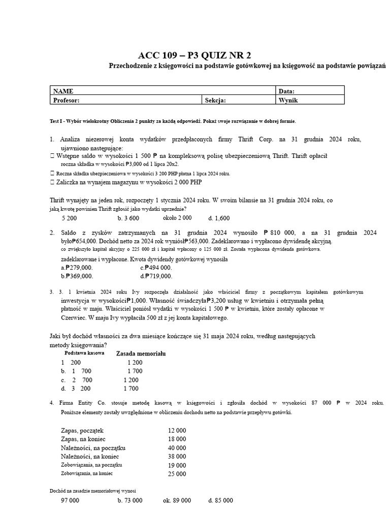 Acc 109 P3 Quiz No 2 | PDF
