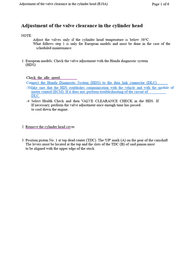 R18A Valve Clearance Adjustment Guide | PDF | Piston | Rotating Machines