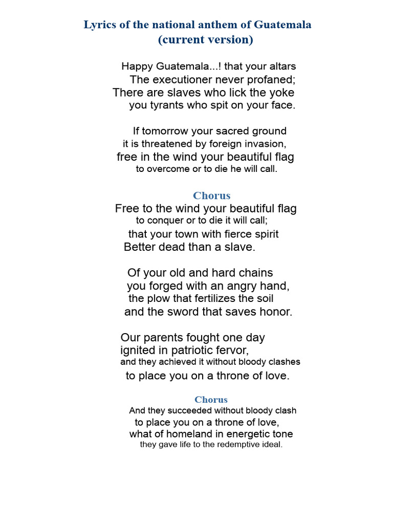 Lyrics of The National Anthem of Guatemala | PDF