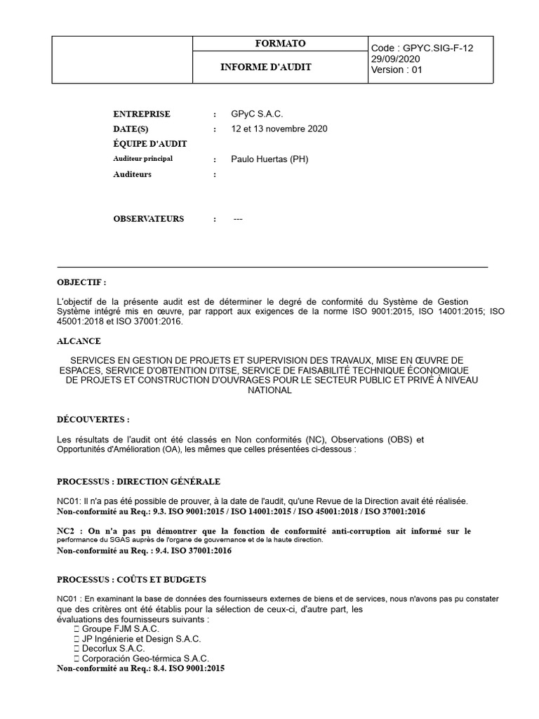 Rapport d'Audit ISO GPyC S.A.C. 2020 | PDF | Audit