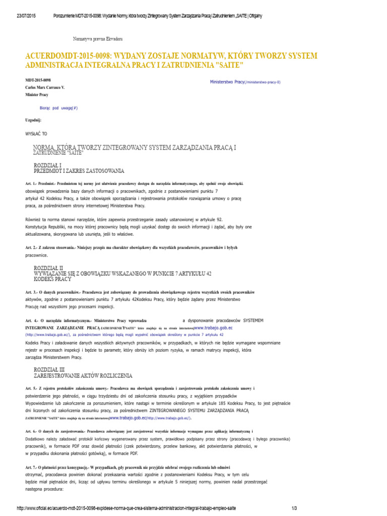 Umowa MDT-2015-0098 - Wydanie Normy, Która Tworzy Zintegrowany System Zarządzania Pracą I ...