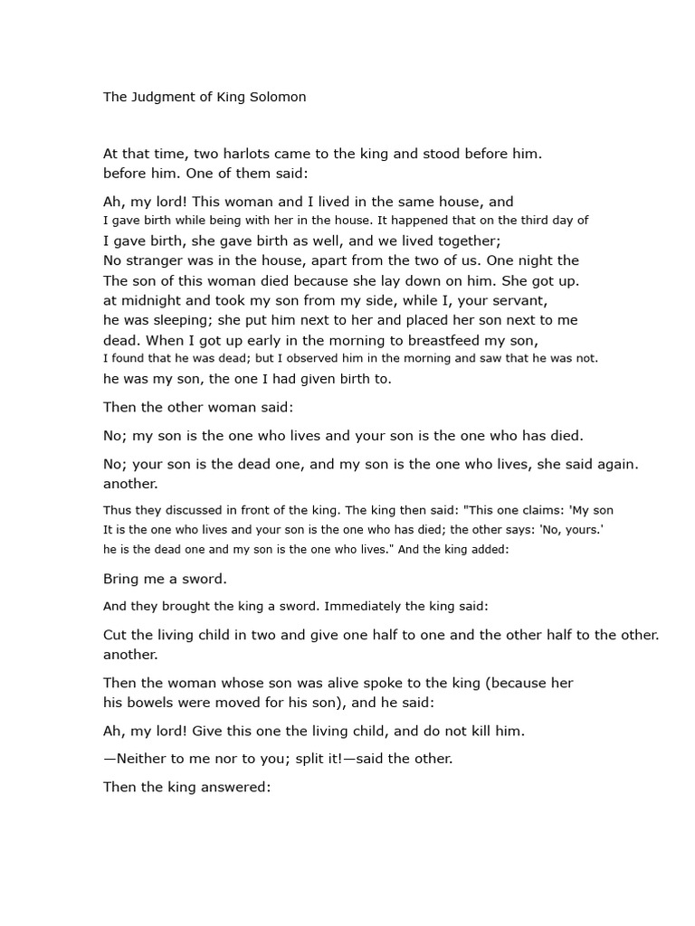 King Solomon's Wise Judgment Story | PDF