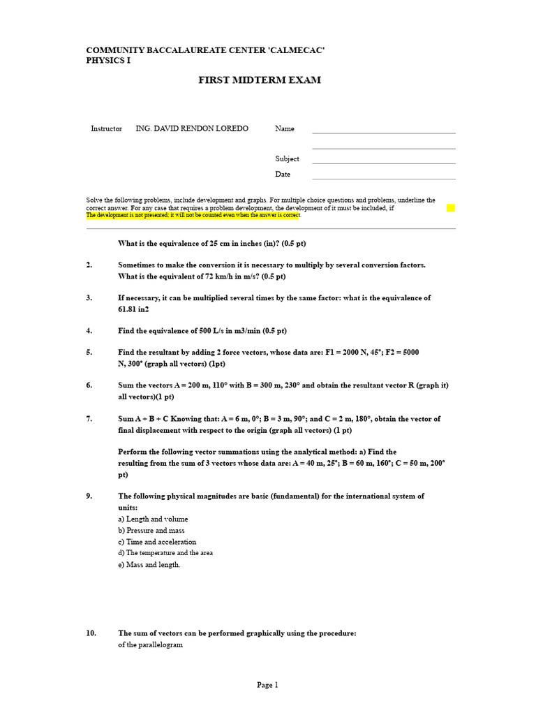 Physics I First Midterm Exam Guide | PDF | Euclidean Vector | Physics