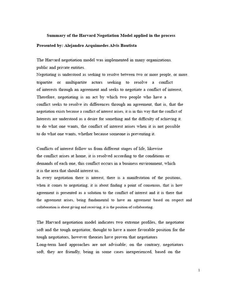 Summary of The Harvard Negotiation Model Applied in The Process | PDF | Negotiation | Conflict ...