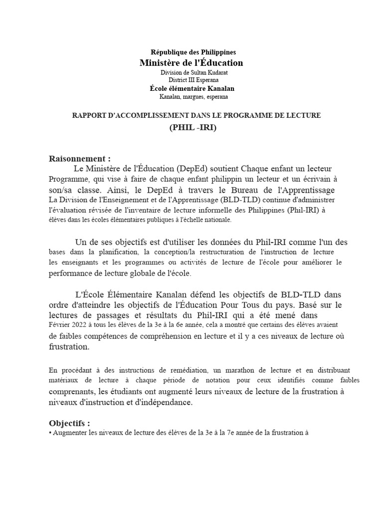 Rapport sur l'Amélioration de la Lecture | PDF | Apprentissage