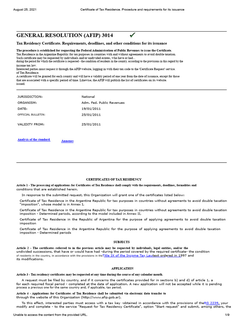 Tax Residence Certificate. Procedure and Requirements For Its Issuance | PDF | Double Taxation ...