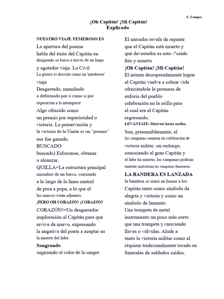 Análisis del poema "¡Oh Capitán! ¡Mi Capitán!" | PDF