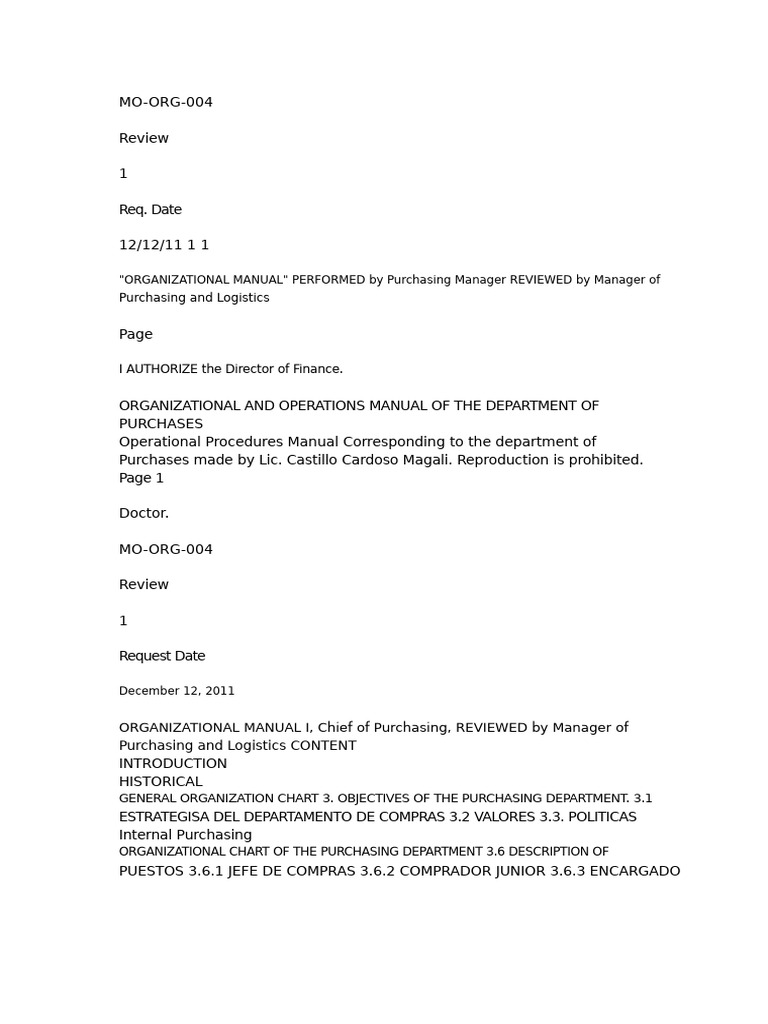 Purchasing Department Operational Manual | PDF | Supply Chain | Procurement
