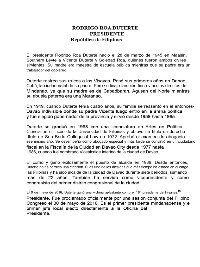 Biografía de Rodrigo Roa Duterte | PDF