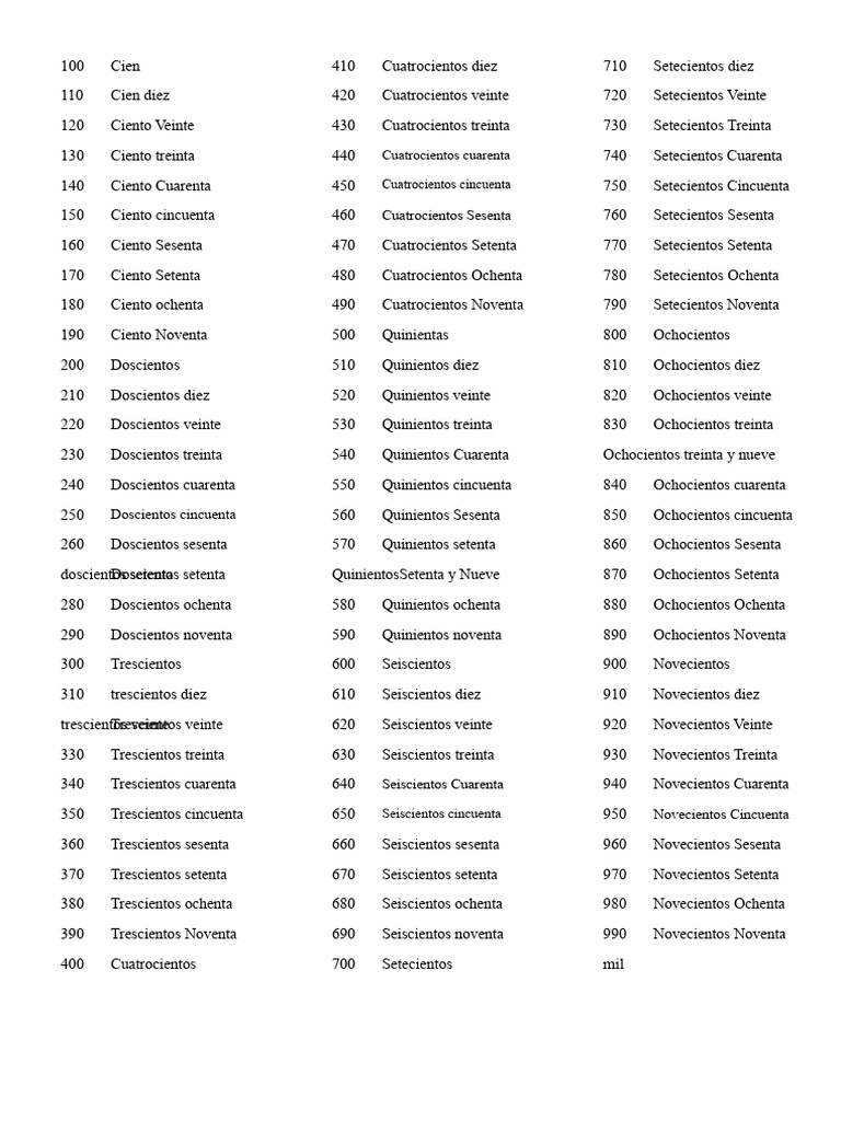 Números del 1 al 1000 en español | PDF