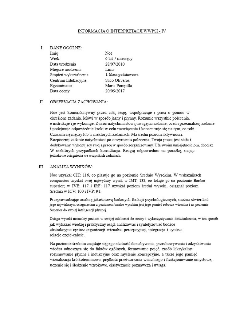 WPPSI IV - Noe | PDF