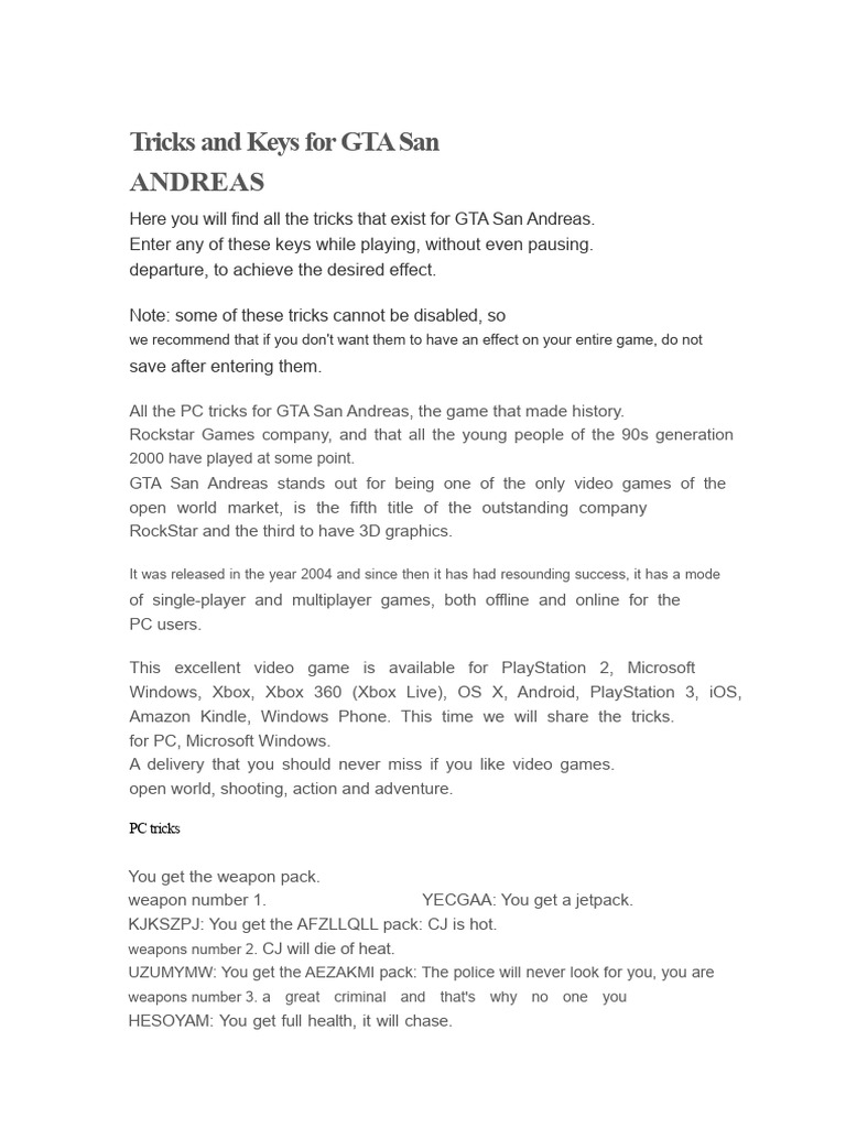 Tricks and Keys For GTA San Andreas | PDF | Xbox | Microsoft Windows