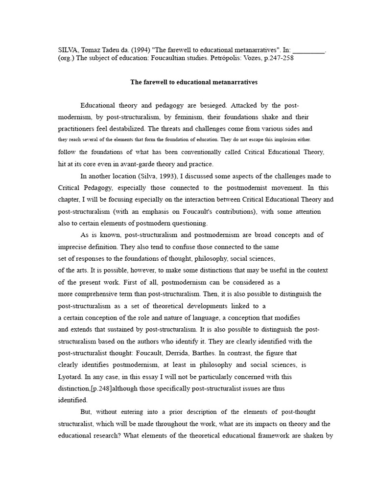 Silva, Tomaz Tadeu. Goodbye To Educational Metanarratives | PDF ...