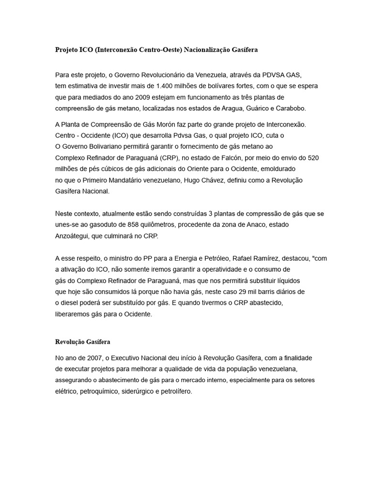 Projeto ICO: Revolução Gasífera na Venezuela | PDF | Venezuela | Gás ...