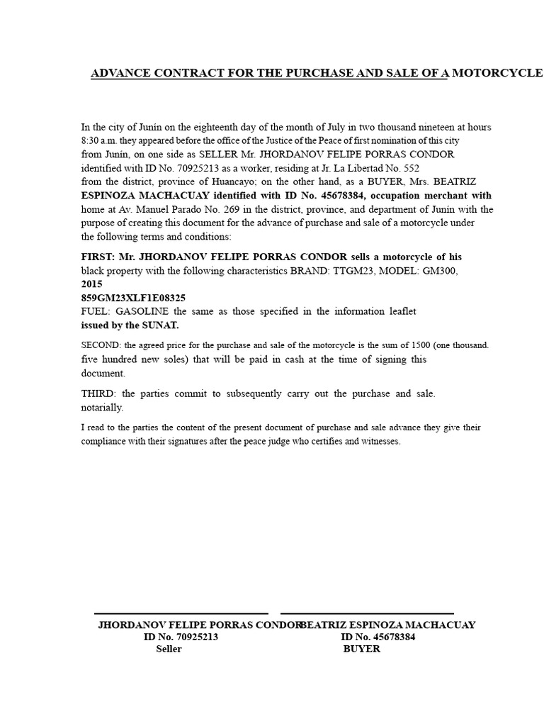 Advance Purchase and Sale Contract For A Motorcycle | PDF
