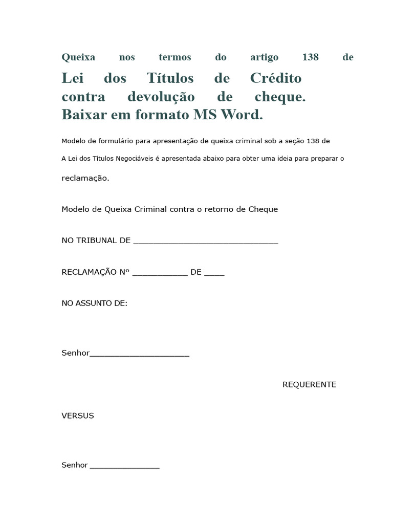 Queixa de acordo com o Artigo 138 da Lei do Cheque em formato MS Word contra o retorno de cheque ...