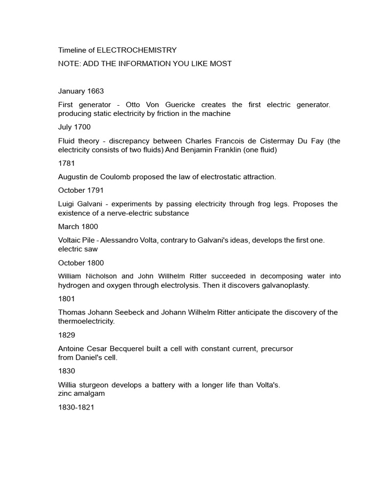 History of Electrochemistry Timeline | PDF | Electrochemistry | Electricity