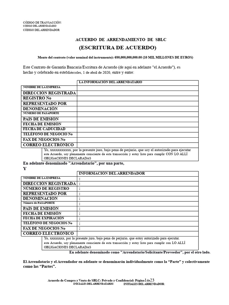 Contrato de Arrendamiento de SBLC Acta de Acuerdo | PDF | Transferencia bancaria | Bancos