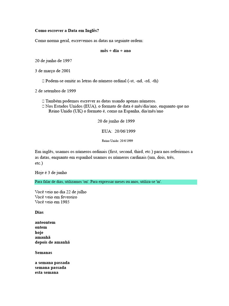 Como Escrever Datas em Inglês | PDF