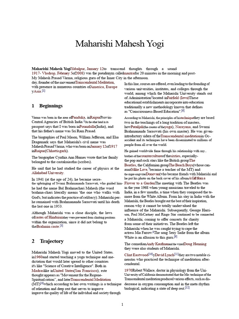 Maharishi Mahesh Yogi And Tm Overview Pdf Hindu Prayer And