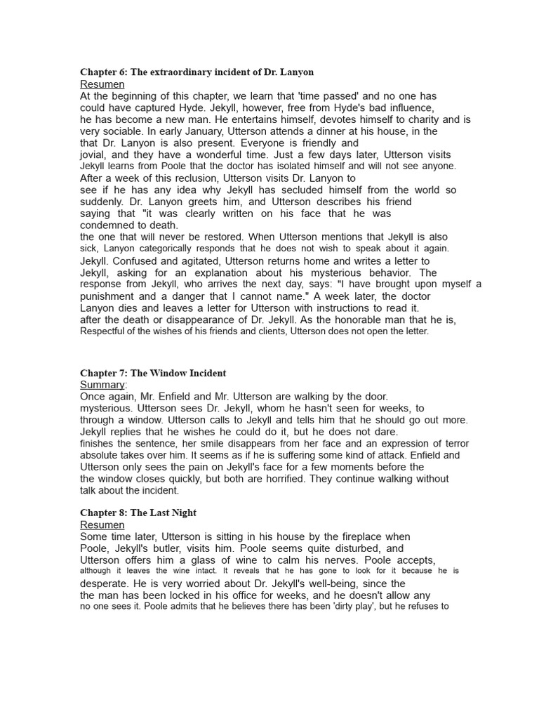 Summary of Chapters 6 To 10 of The Strange Case of Dr. Jekyll and Mr ...