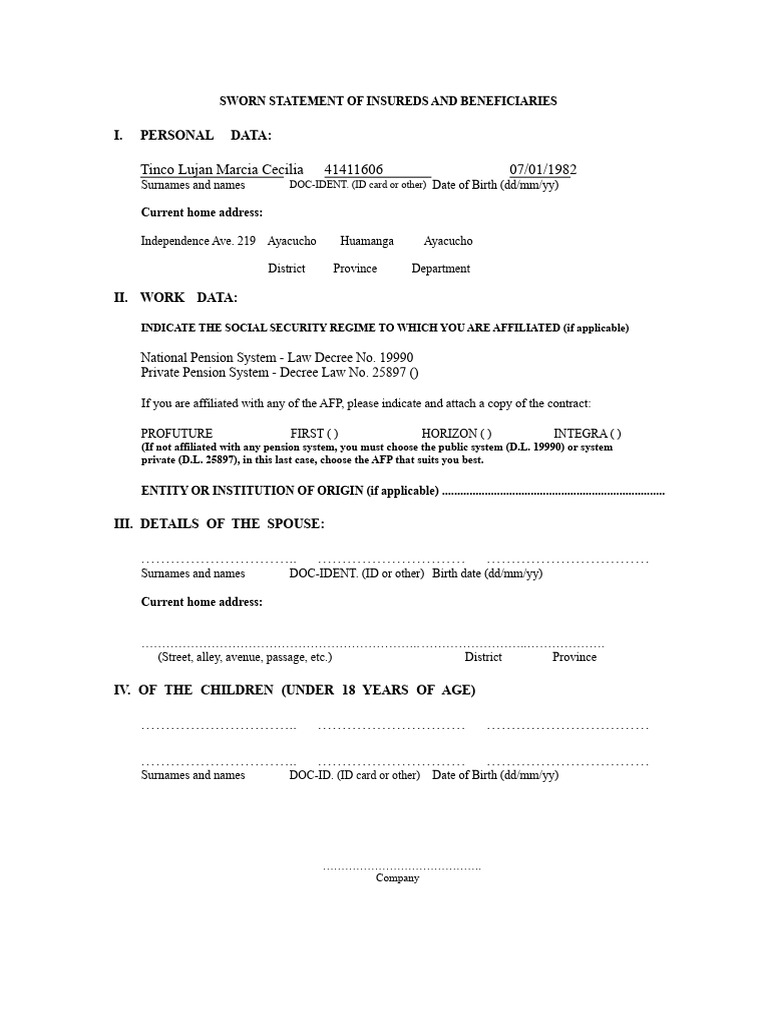 Affidavit of Insured Persons and Beneficiaries | PDF