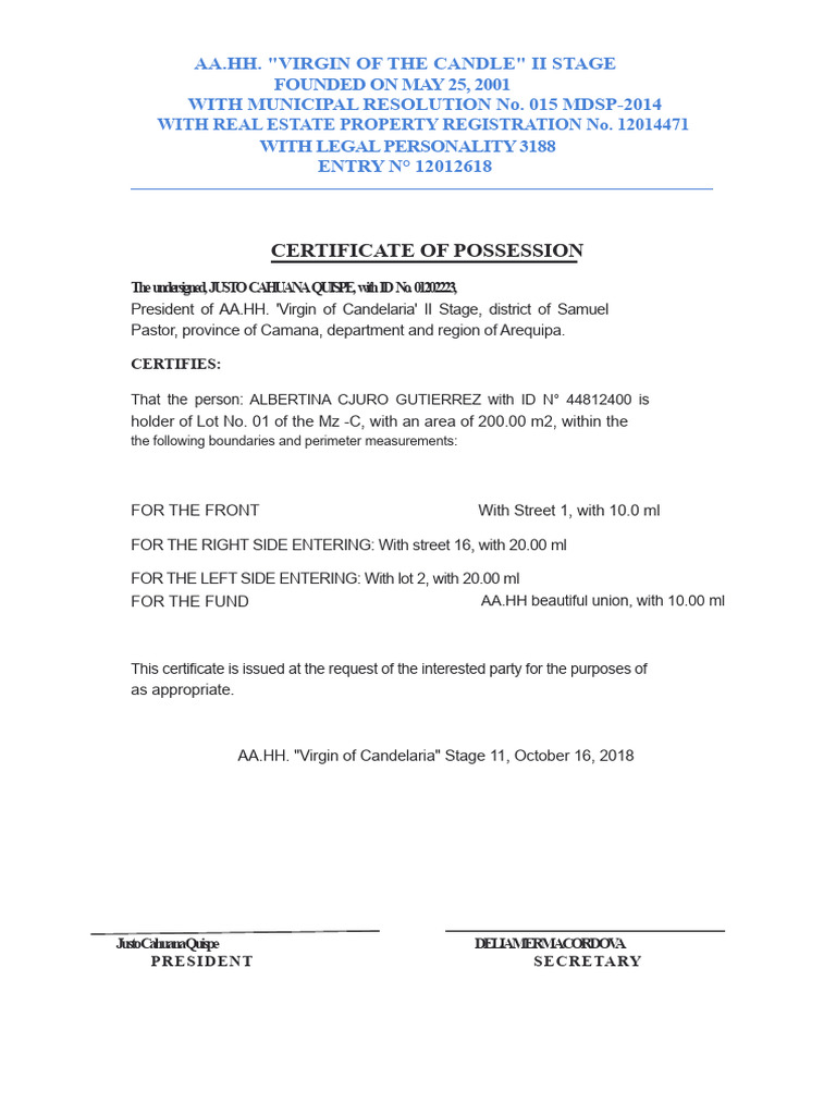 Certificate of Possession | PDF