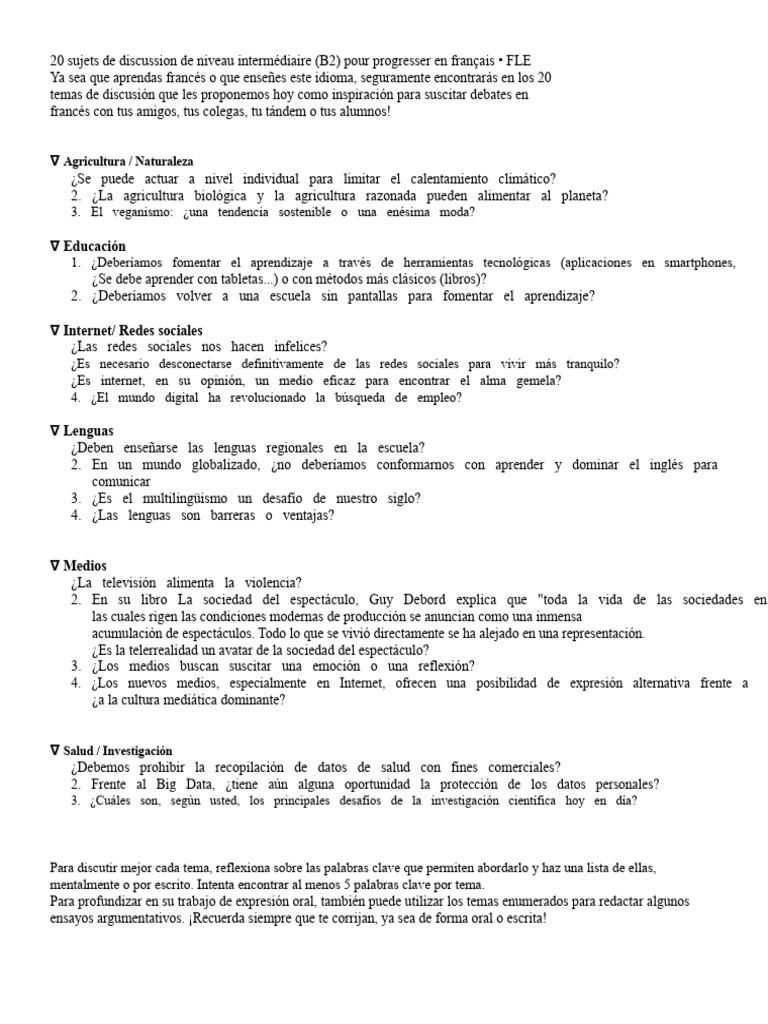 20 Temas de Discusión de Nivel Intermedio | PDF | Aprendizaje