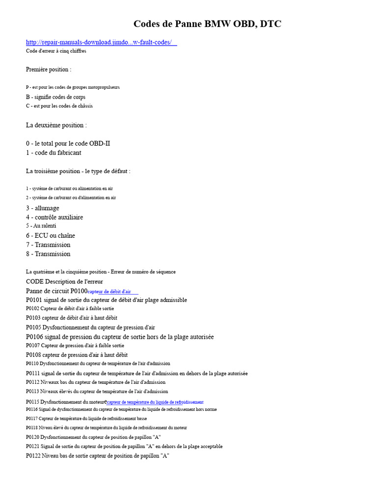 Codes de Panne OBD BMW et DTC | PDF | Allumage | Injection (moteur)