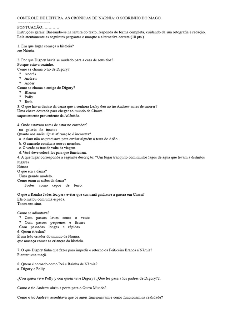 Controle de Leitura: O Sobrinhos do Mago | PDF