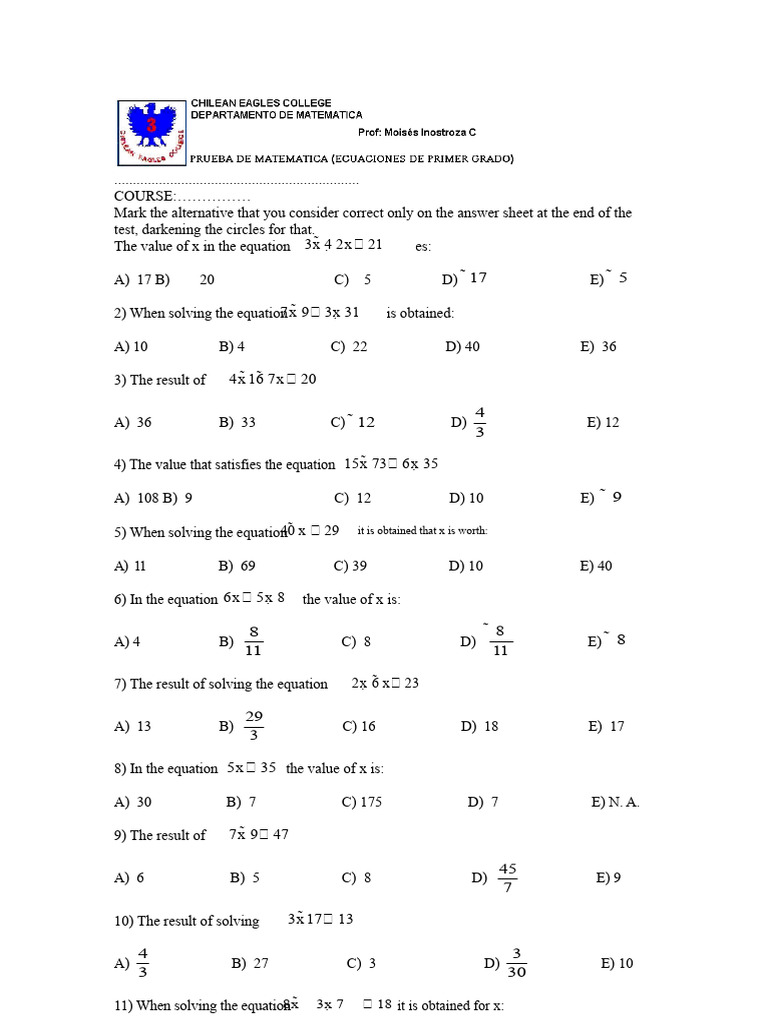 Algebra Equation Solutions Test | PDF | Equations | Mathematical Analysis