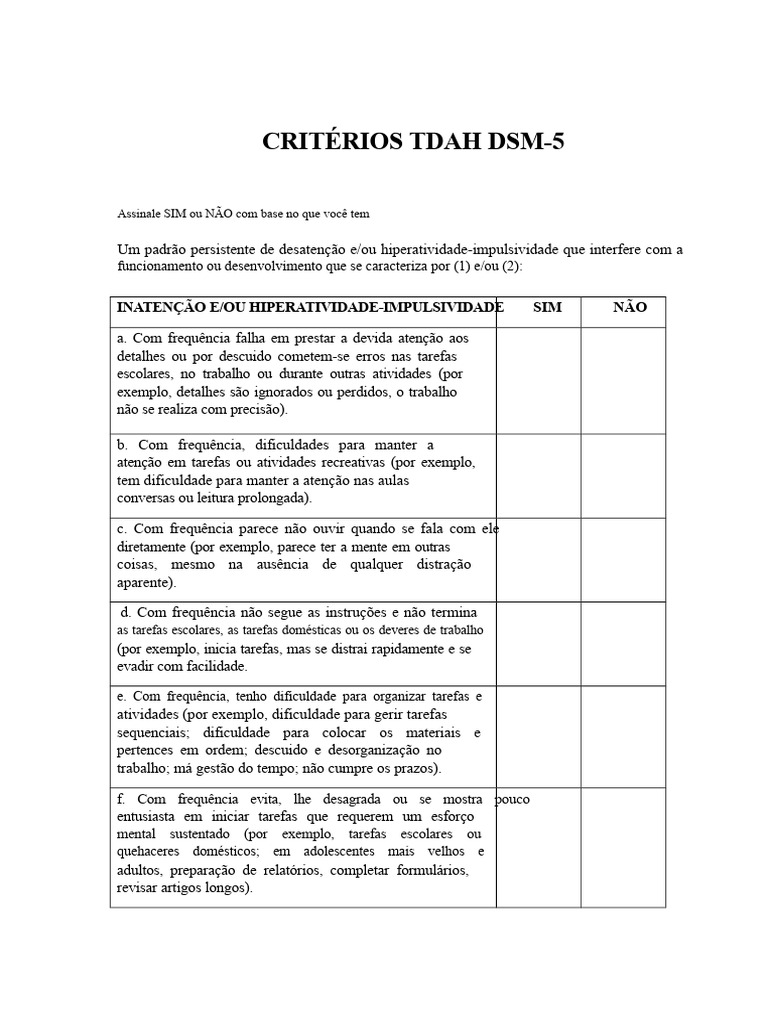 Critérios DSM-5 para TDAH | PDF | Transtorno de déficit de atenção e ...