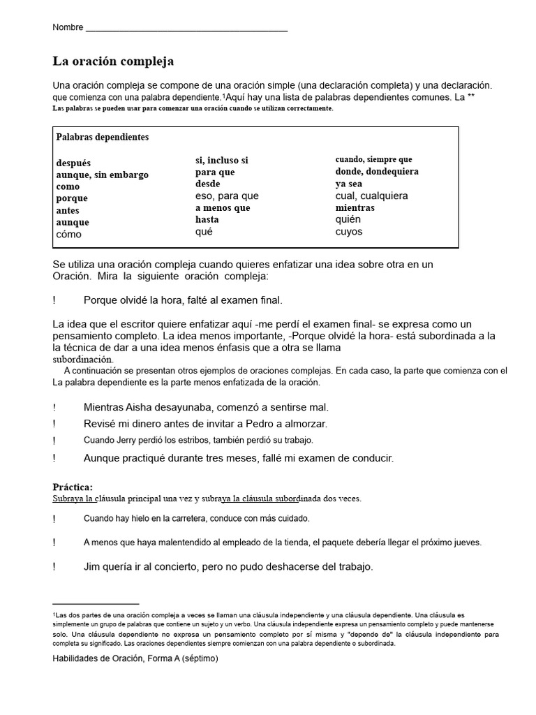 Práctica de oraciones complejas (1) | PDF | Oración (Lingüística ...