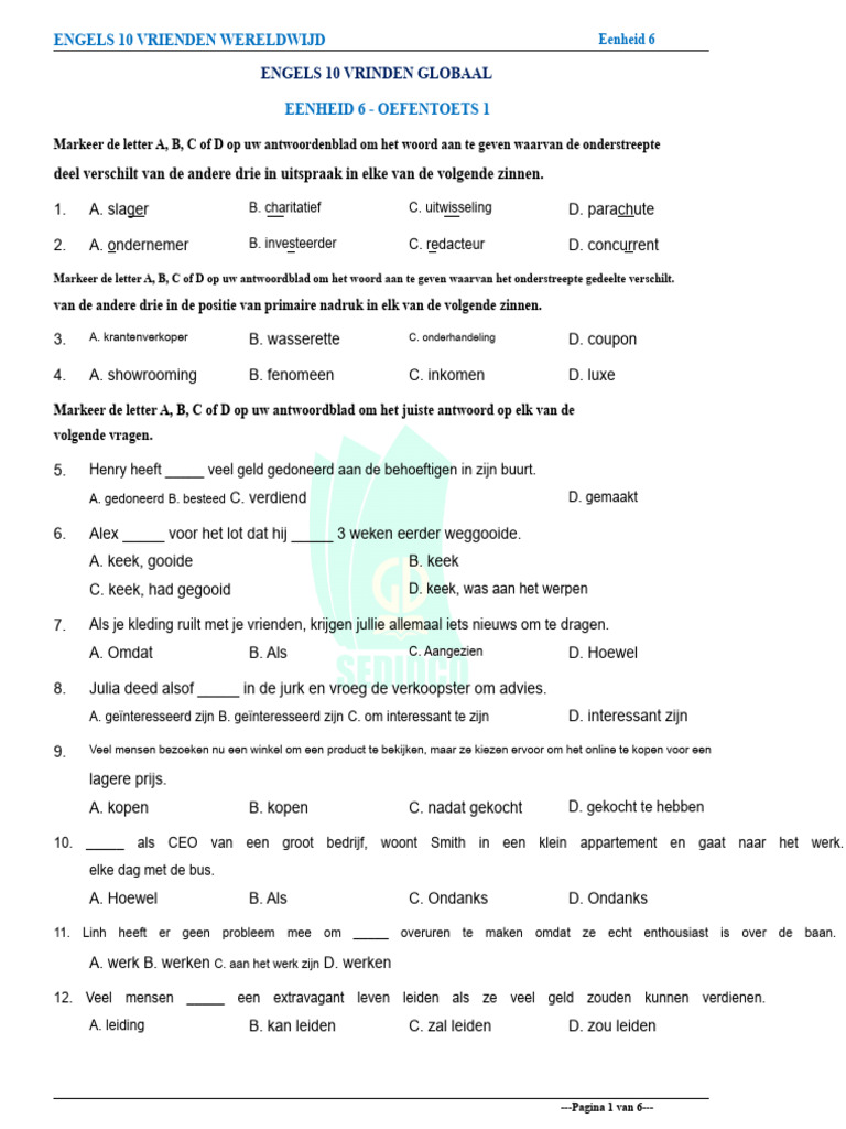 Engels 10 Vrienden Global - Eenheid 6 - Toets 1 | PDF
