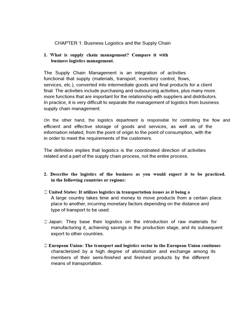 Chapter 1 Logistics Questions | PDF | Logistics | Supply Chain