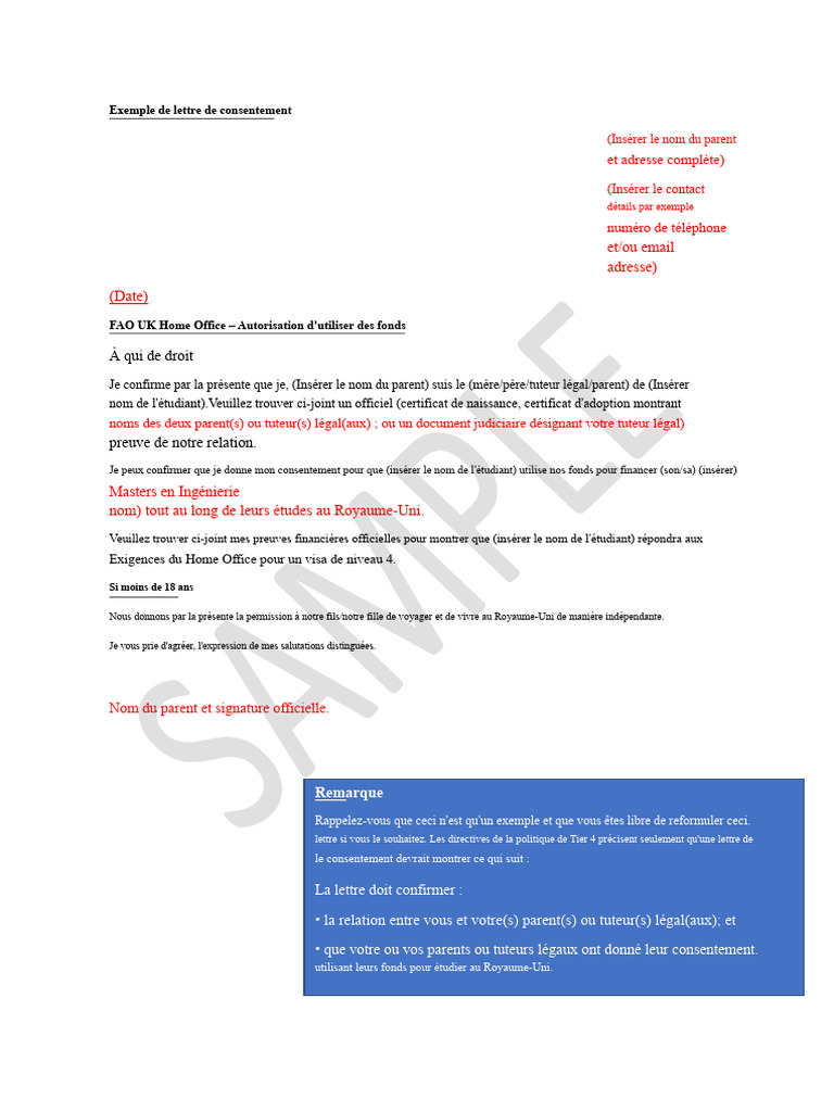 Exemple de lettre de consentement parental | PDF