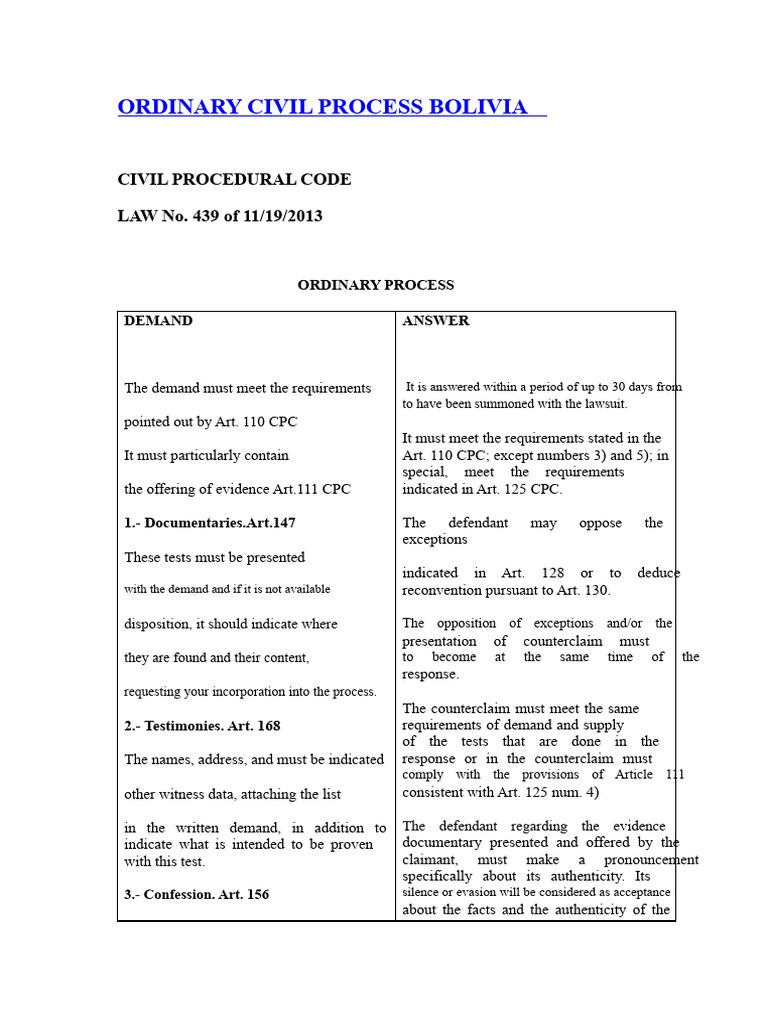 Ordinary Civil Process Bolivia | PDF | Lawsuit | Justice