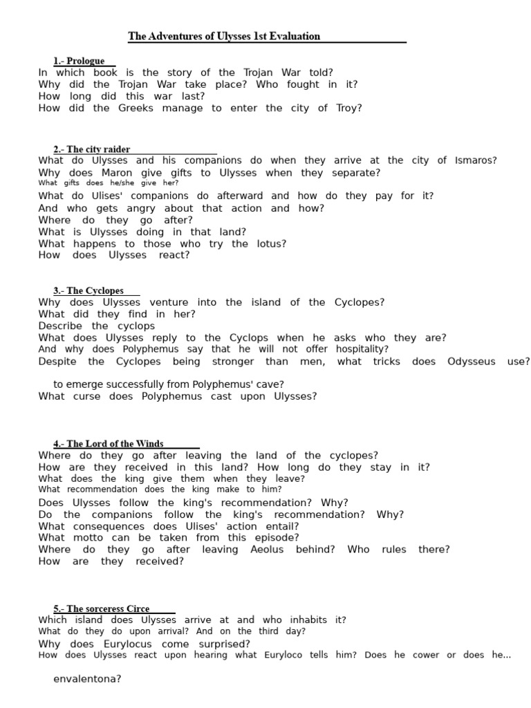 The Adventures of Ulysses Questions 1 Ev | PDF