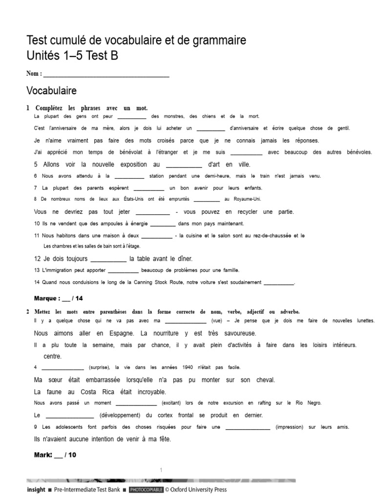 Test de vocabulaire et grammaire Unités 1-5 | PDF | Grammaire ...