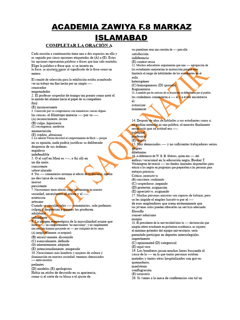 Ejercicios de Práctica para Completar Oraciones Del Sat | PDF